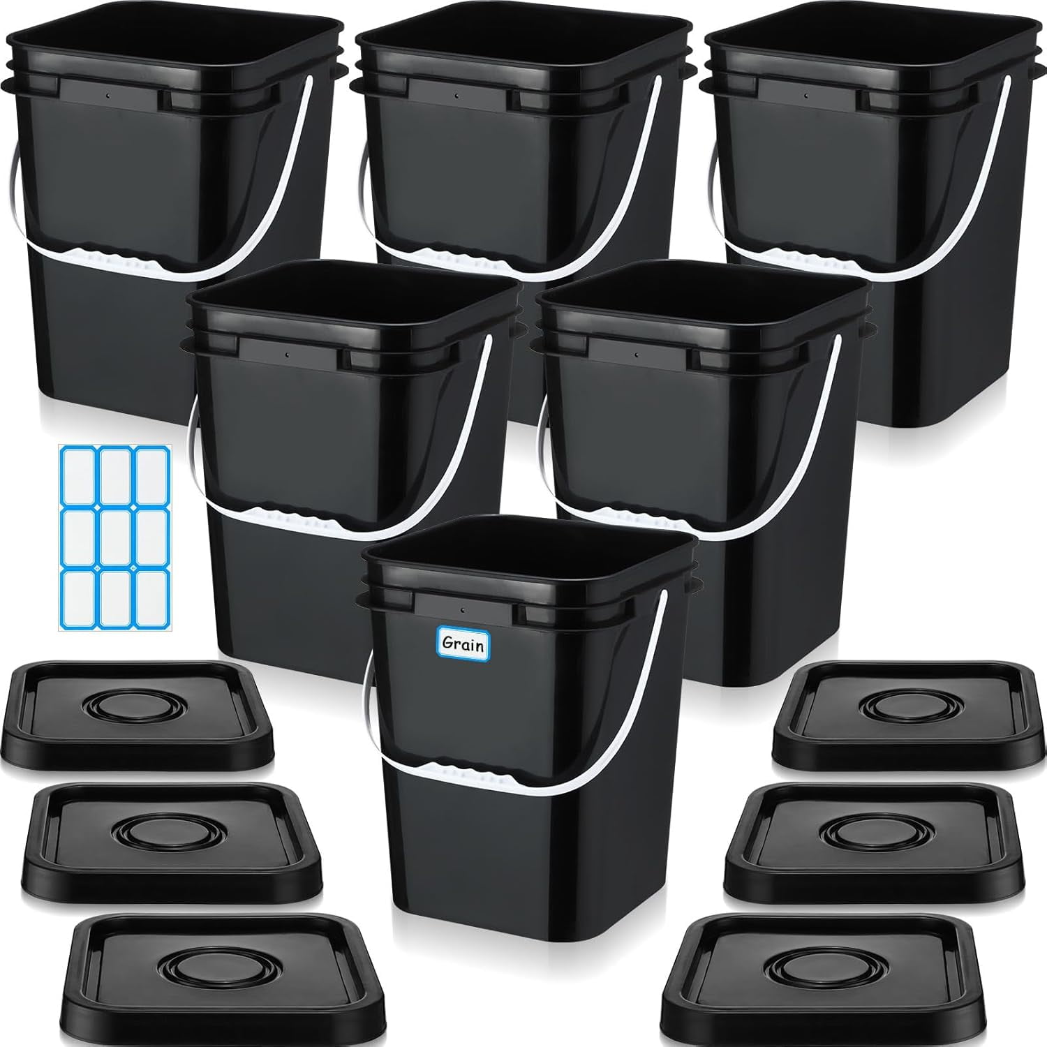 6 Pcs 5 Gallon Square Bucket Pail with Plastic Handle and Lid Storage ...