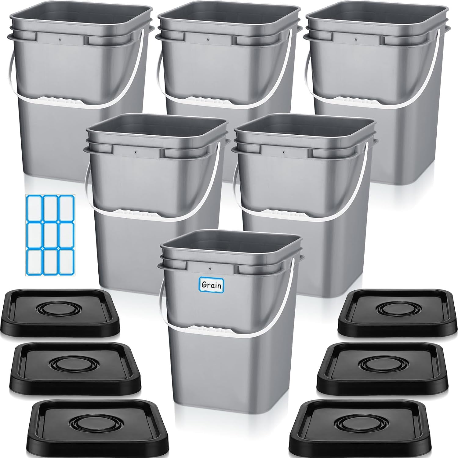 6 Pcs 5 Gallon Square Bucket Pail with Plastic Handle and Lid Storage ...