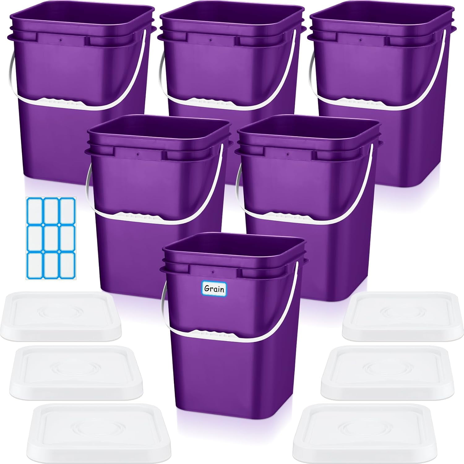 6 Pcs 5 Gallon Square Bucket Pail with Plastic Handle and Lid Storage ...