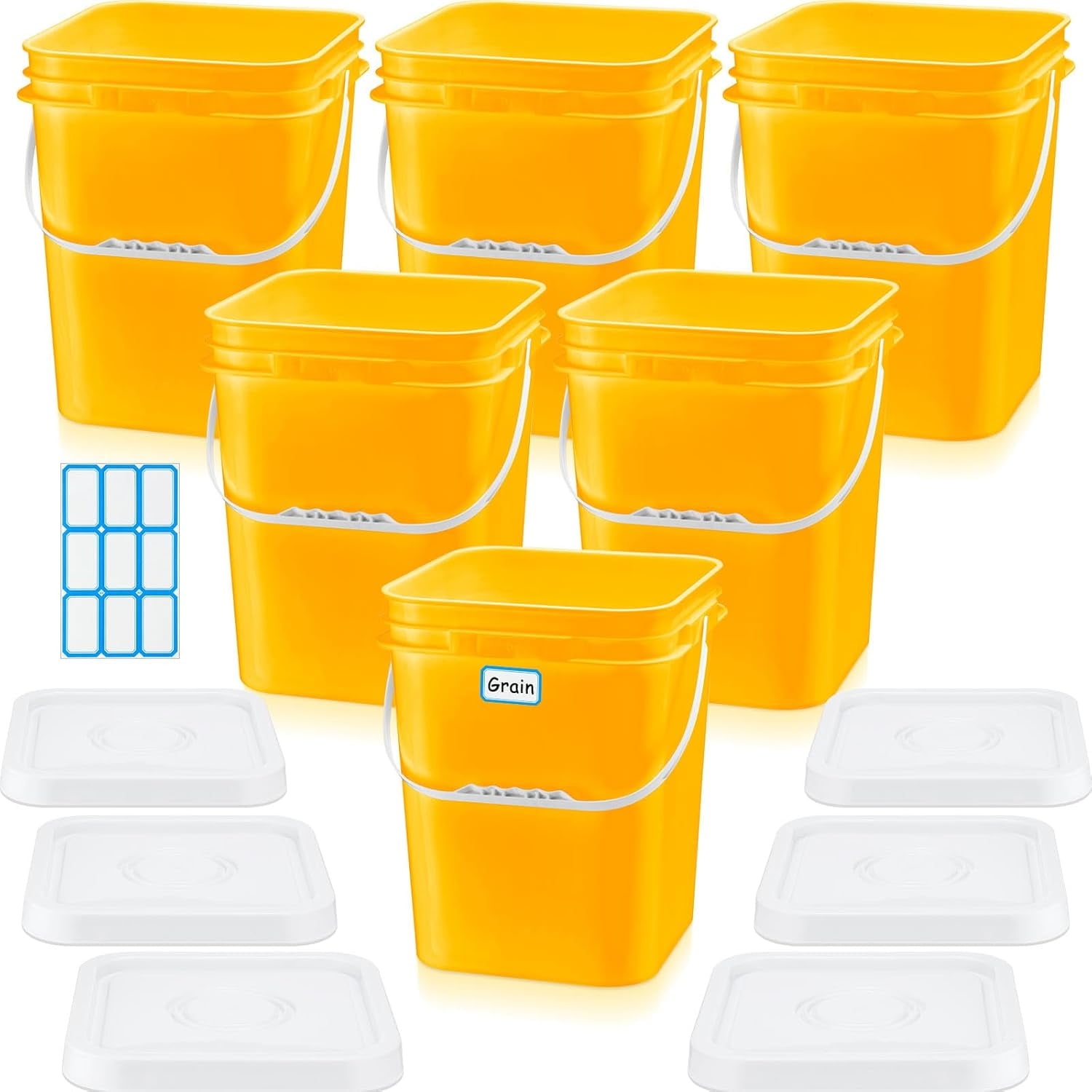 6 Pcs 5 Gallon Square Bucket Pail with Plastic Handle and Lid Storage ...