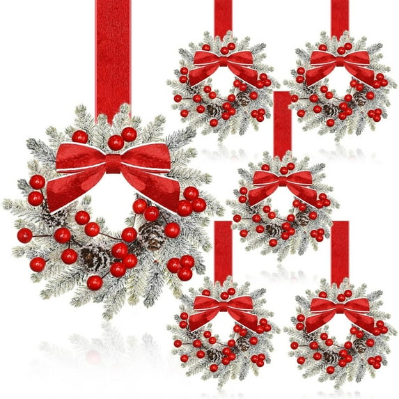 6 Pcs 6 Inch Christmas Mini Cabinet Wreaths for Kitchen with Ribbon ...