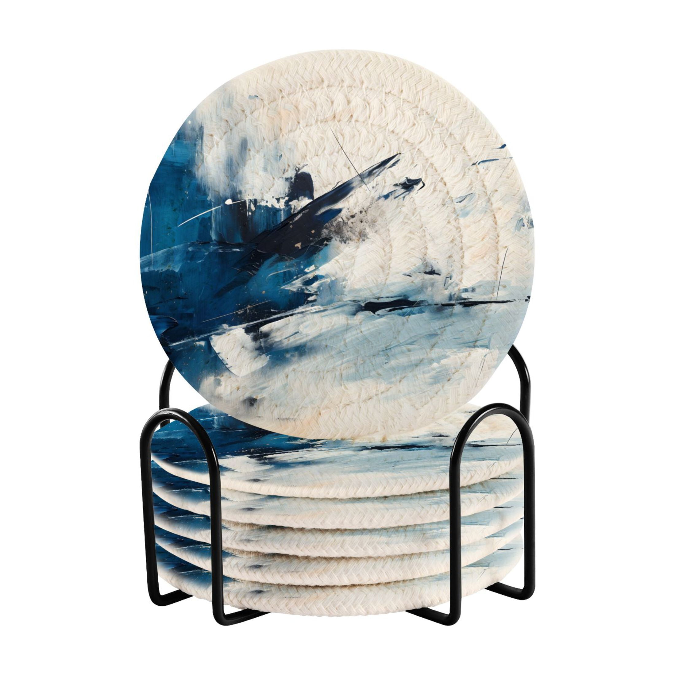 6 Pcs Abstract Blue Drink Coasters with Holder Absorbent Coaster Sets ...