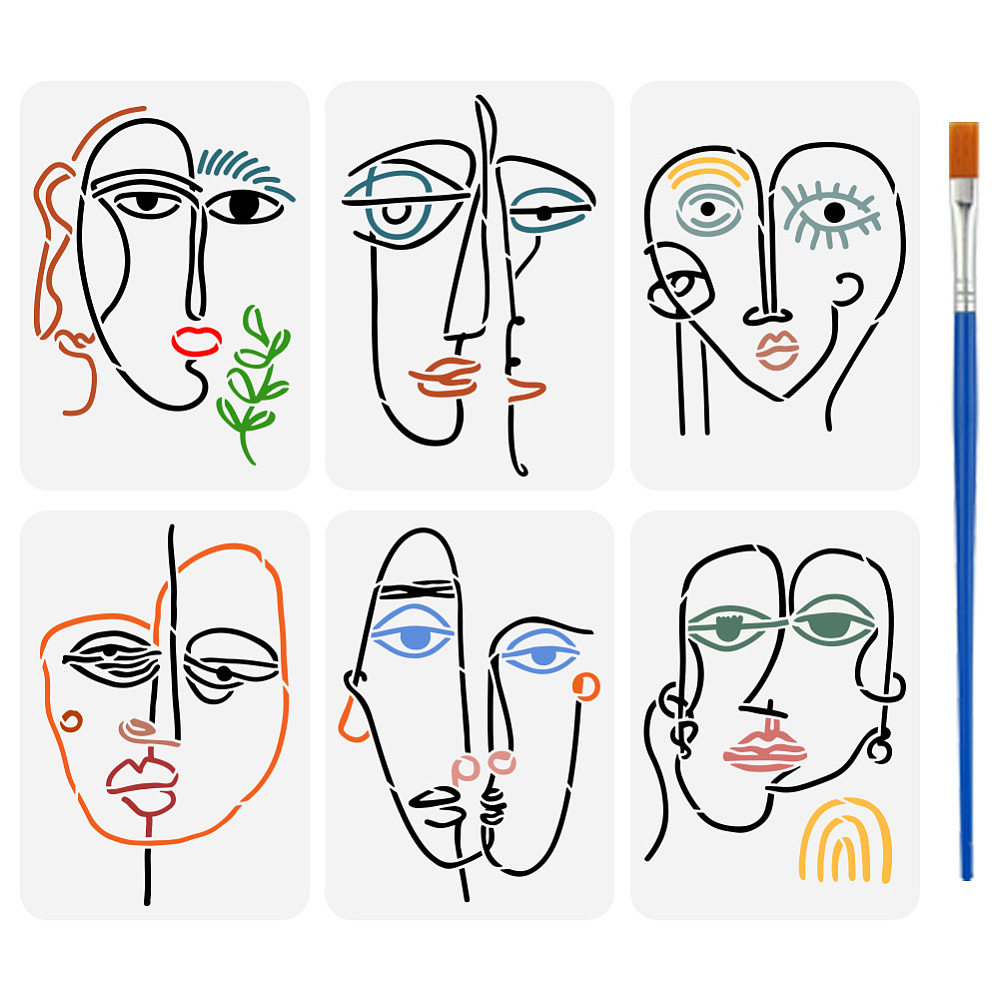 6 Pcs Abstract Human Face Stencil with a 16cm Paint Brush 11.7x8.3inch ...