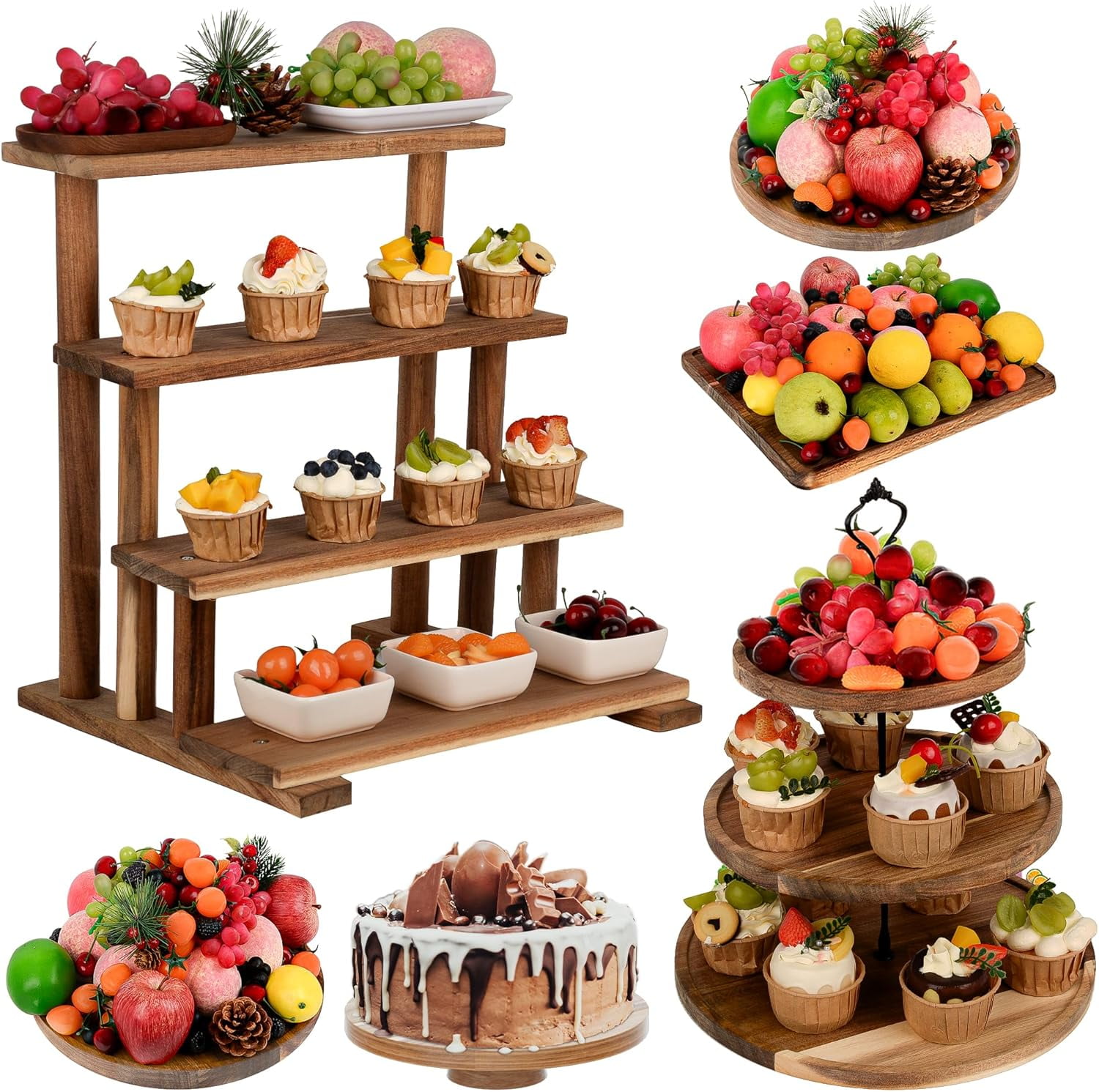 6 Pcs Acacia Cake Stand Set, Wood Dessert Table Display Set,1 Pcs 3 ...