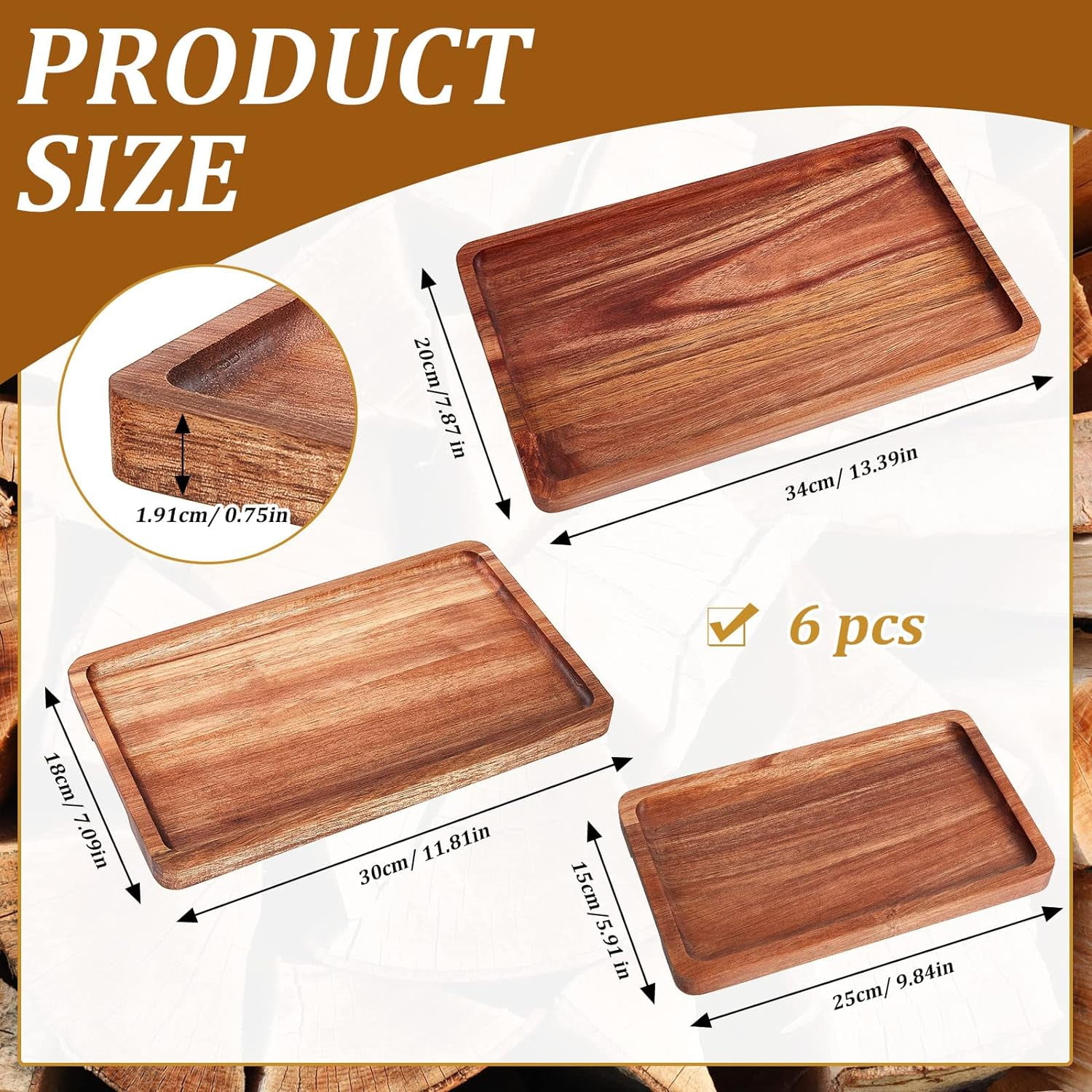 6 Pcs Acacia Wood Serving Trays Wooden Plates for Food 3 Sizes ...