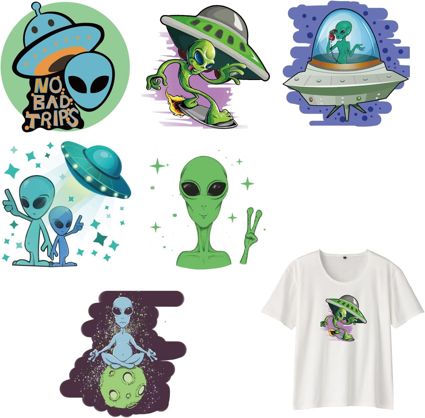6 Pcs Alien Themed Heat Transfer Stickers Aliens Spaceships Stars Iron ...