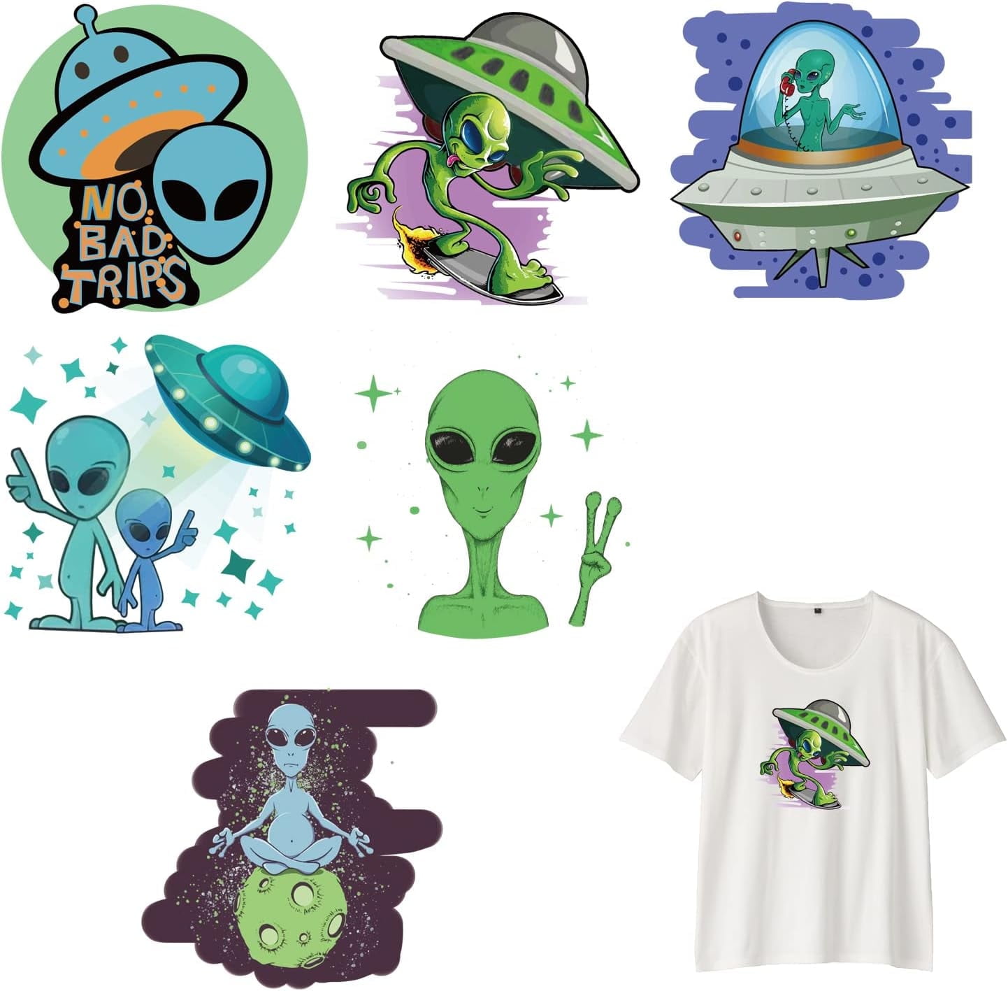 6 Pcs Alien Themed Heat Transfer Stickers Aliens Spaceships Stars Iron ...