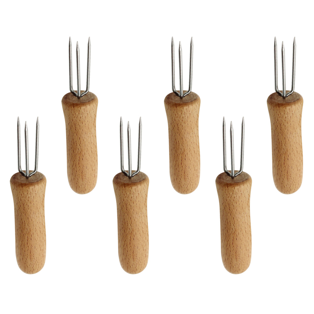 6pcs Stainless Steel and Wood Holders for Grilling Khaki BBQ Forks Portable Fruit Fork Set ...