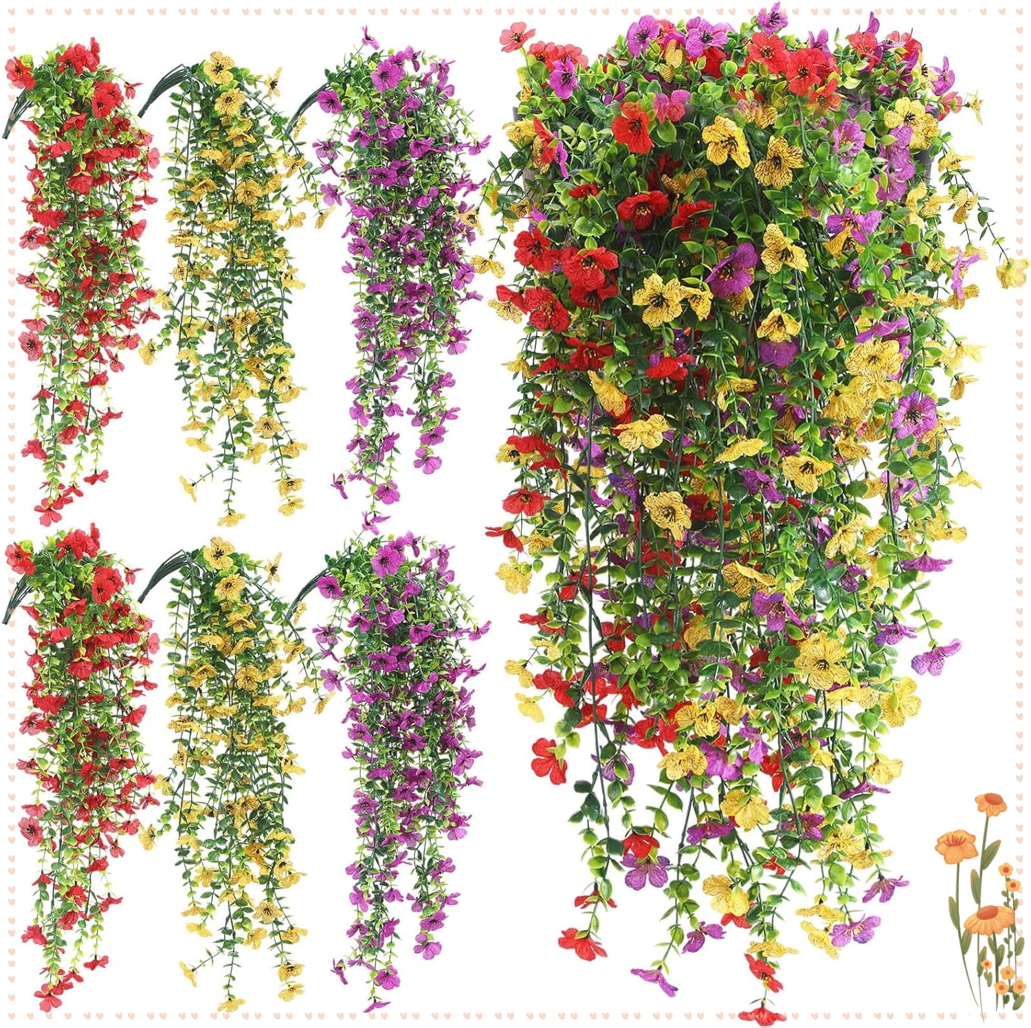 6 Pcs Artificial Hanging Flowers Outdoor Faux Plants Spring Decor Fake ...