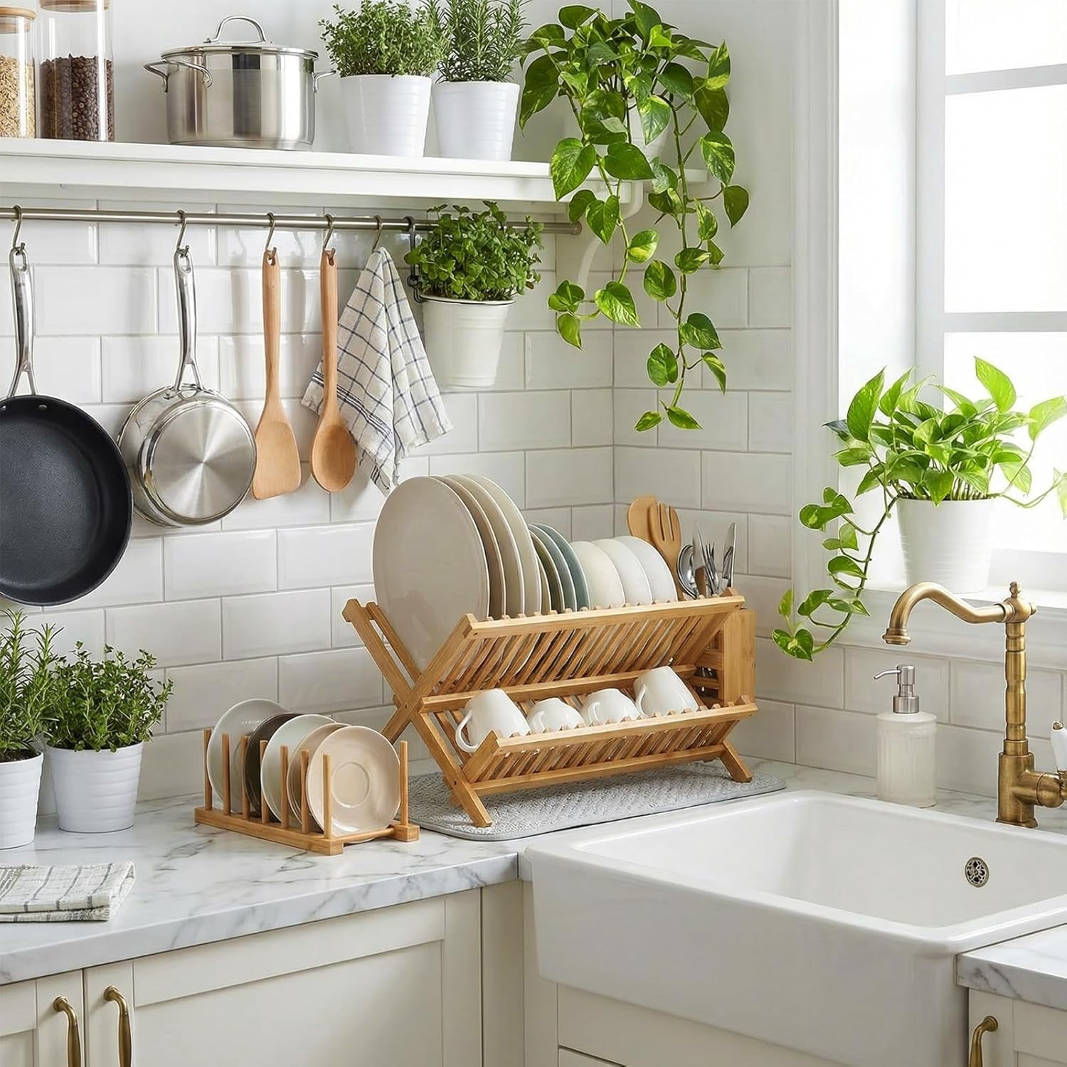 6 Pcs Bamboo Dish Drying Rack Set with Utensil Holder and Mat for ...