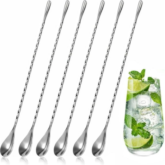 6 Pcs Bar Long Spoon for Drink, 18/10 Stainless Steel Cocktail Shaker ...
