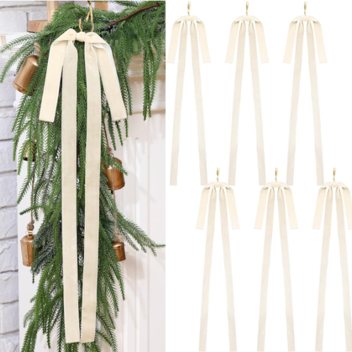 6 Pcs Beige Velvet Ribbon Bows for Christmas Tree, Vintage Rustic Large ...
