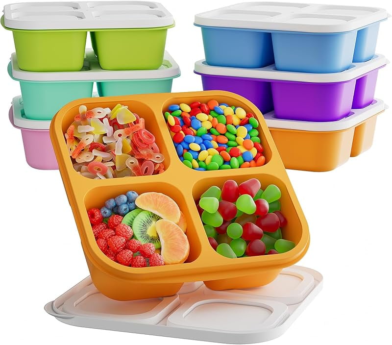 6 Pcs Bento Snack Containers, Reusable 4 Compartment Food Storage ...