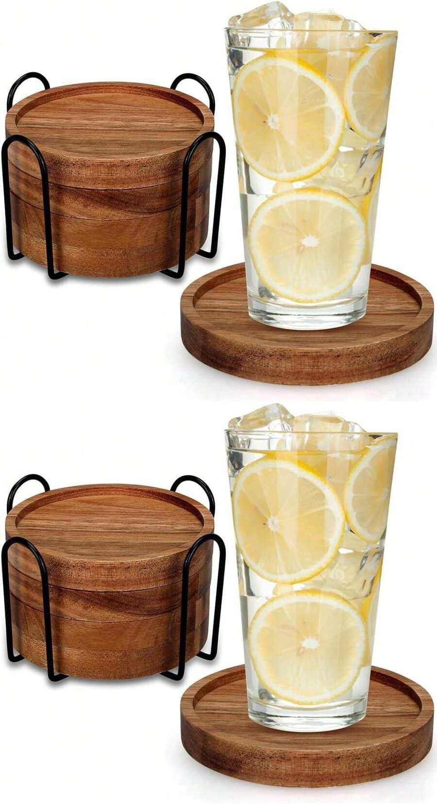 6 Pcs Best Wooden Coasters With Holder Coffee Table Decor Acacia Wood ...
