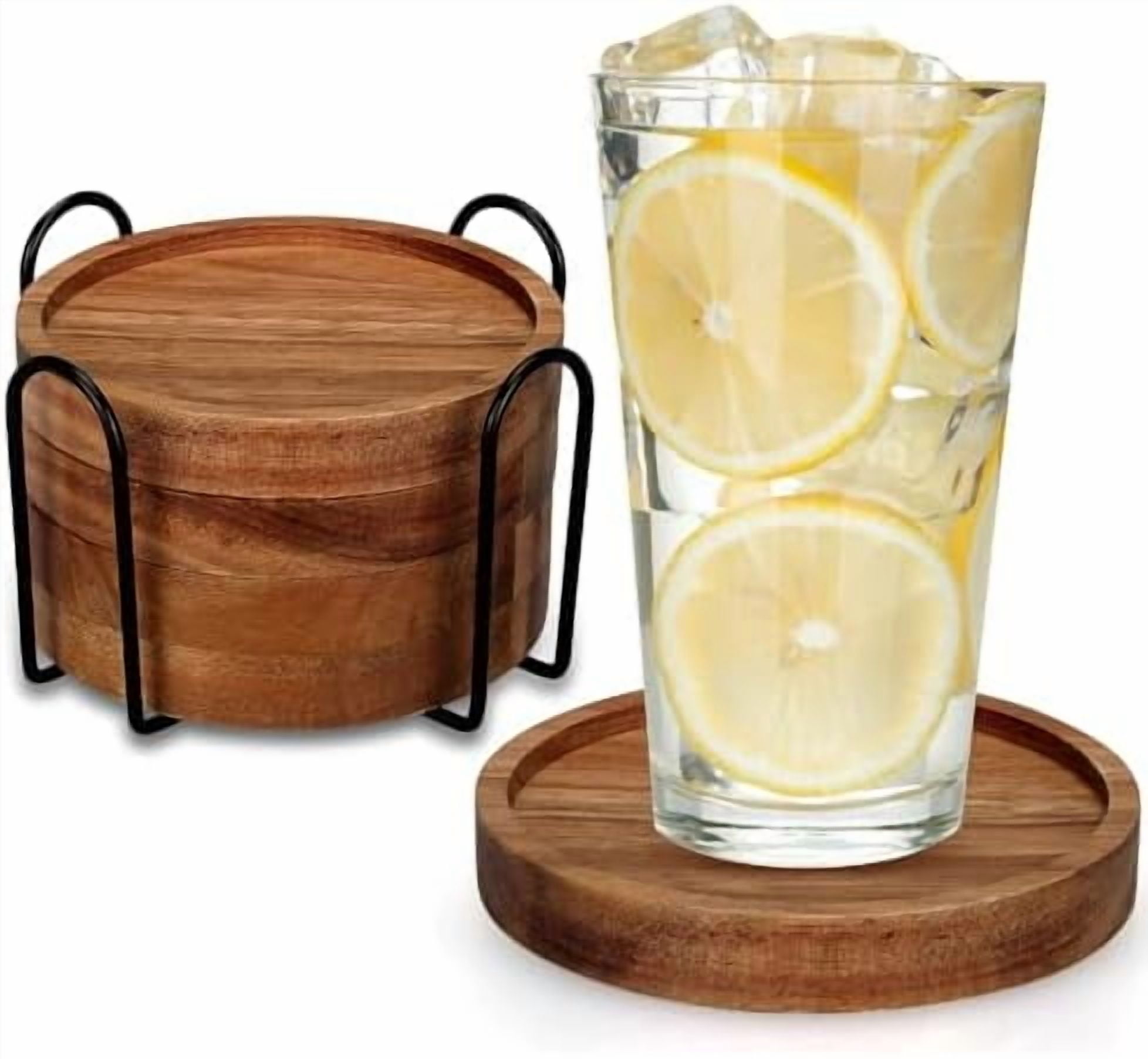 6 Pcs Best Wooden Coasters with Holder Coffee Table Decor Acacia Wood ...