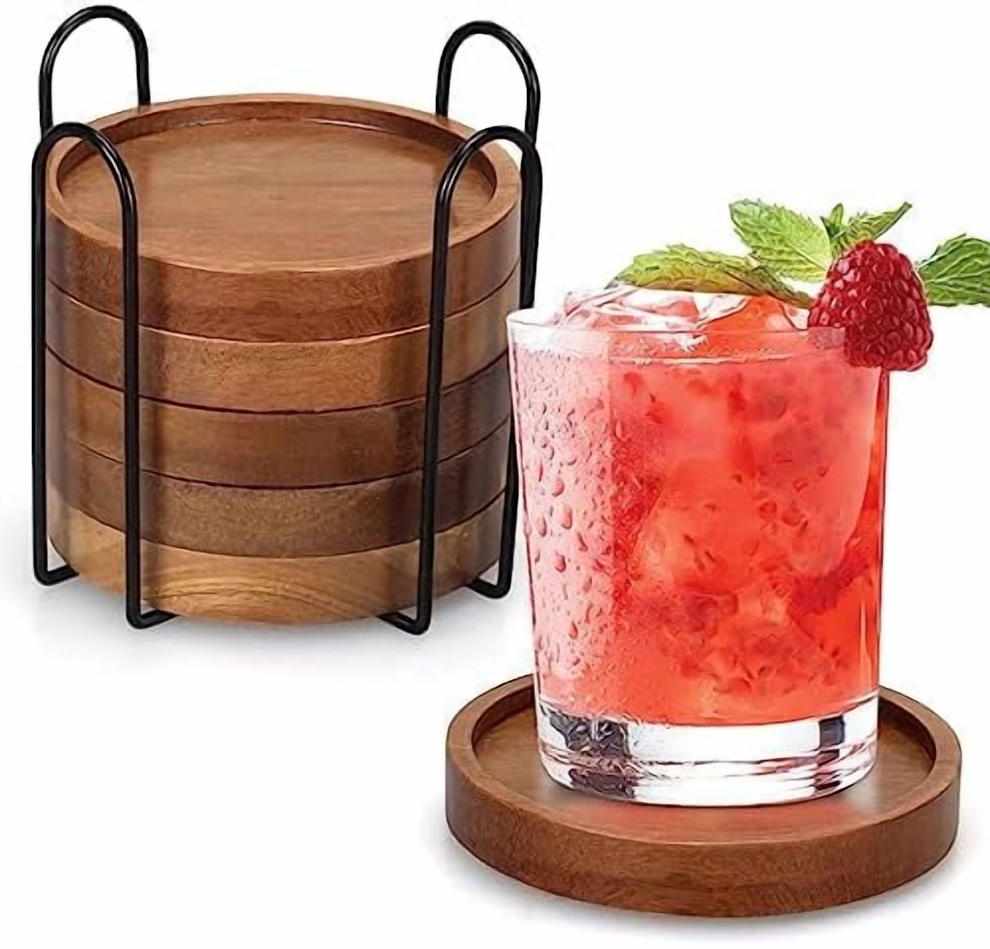 6 Pcs Best Wooden Coasters with Holder Coffee Table Decor Acacia Wood ...
