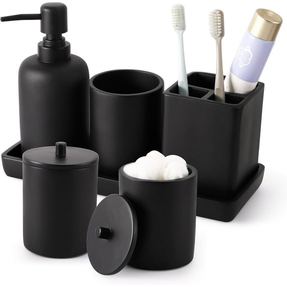6 Pcs Black Bathroom Set Complete with Toothbrush Holder, Lotion Soap ...