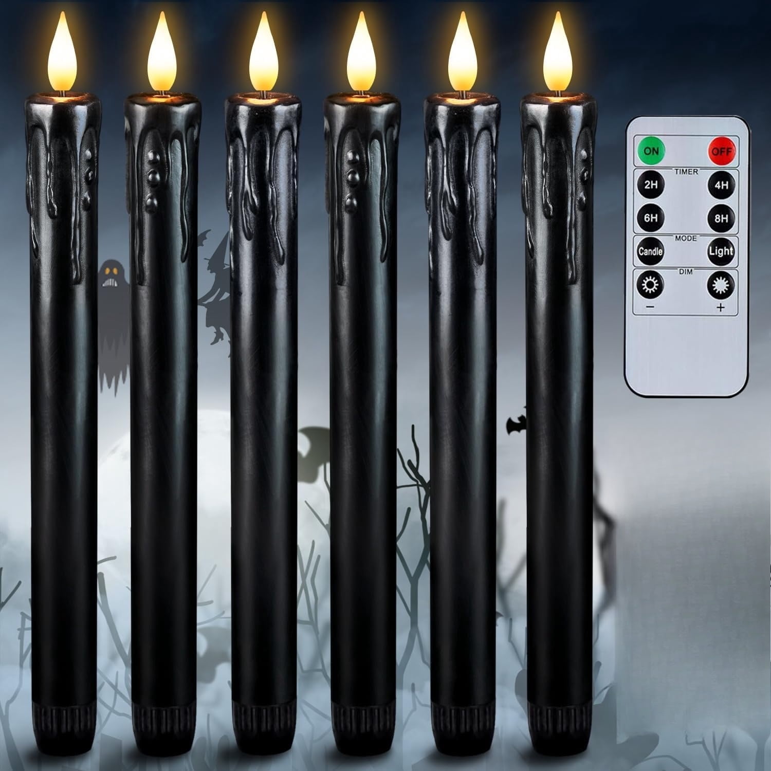 6 Pcs Black Flameless Taper Candles with Remote and Timer, Real Wax LED ...