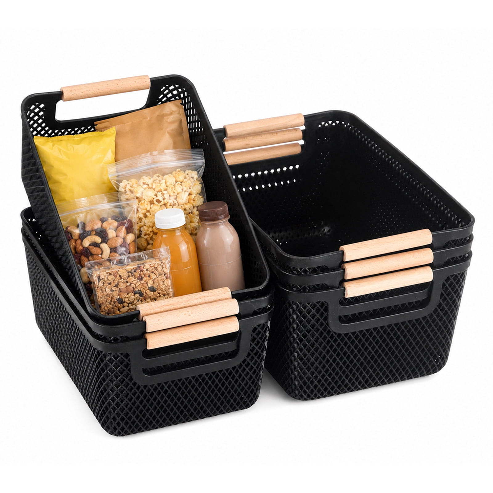 6 Pcs Black Plastic Storage Baskets, Pantry Storage Bins with Wooden ...