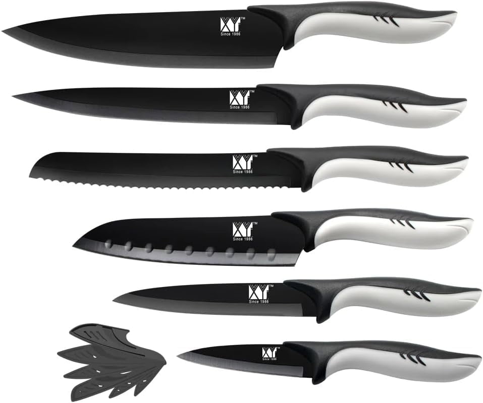 6 Pcs Black Stainless Steel Knife Set, Sharp Kitchen Knives with Covers ...