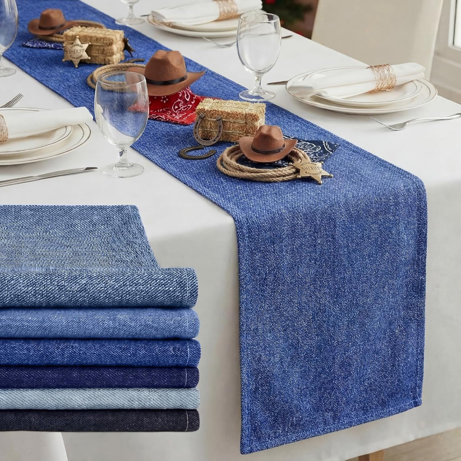 6 Pcs Blue Jean Baby Shower Table Runner, 72x13" Washable Denim Table ...