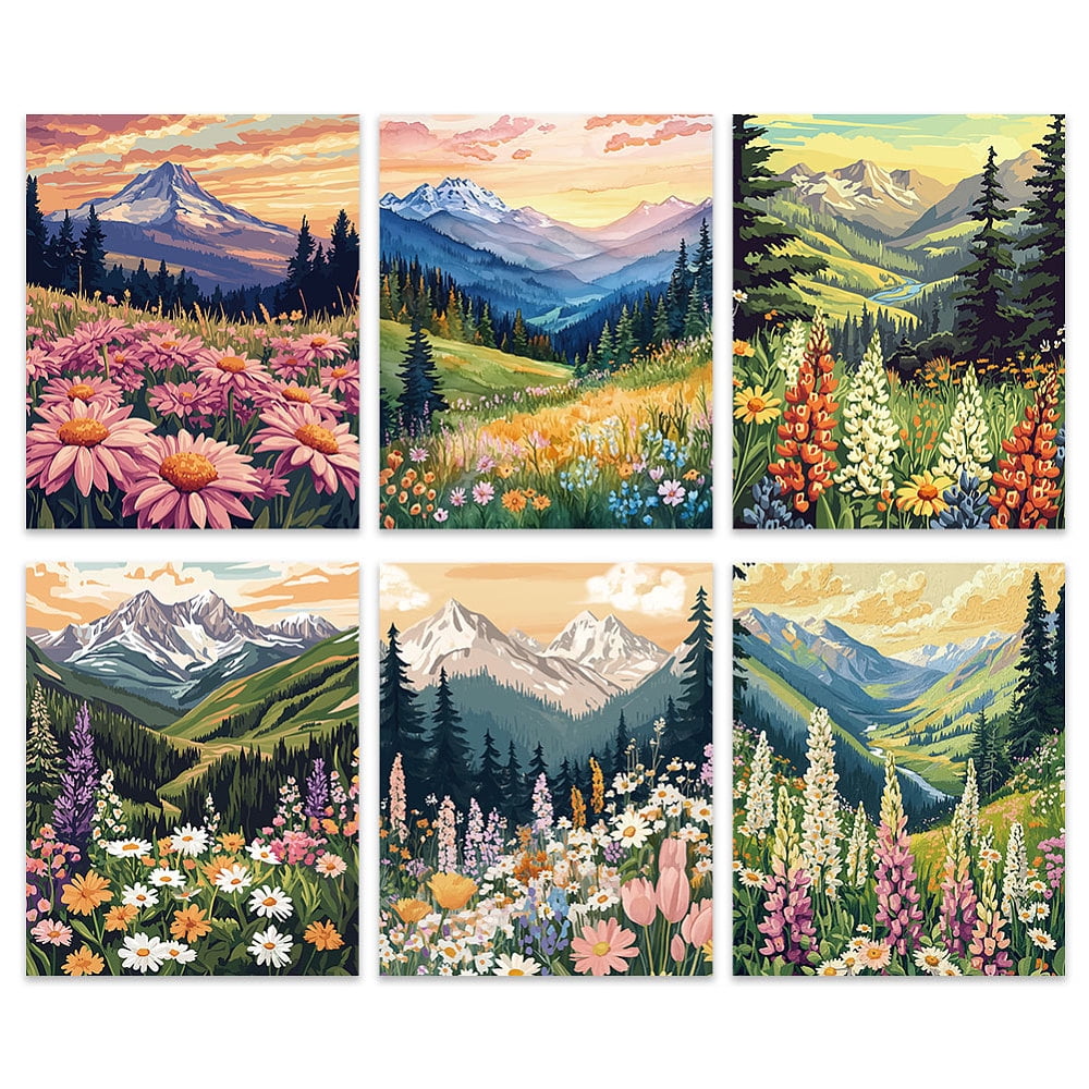 6 Pcs Boho Abstract Wildflower Mountain Scenery Wall Art Prints Vintage ...