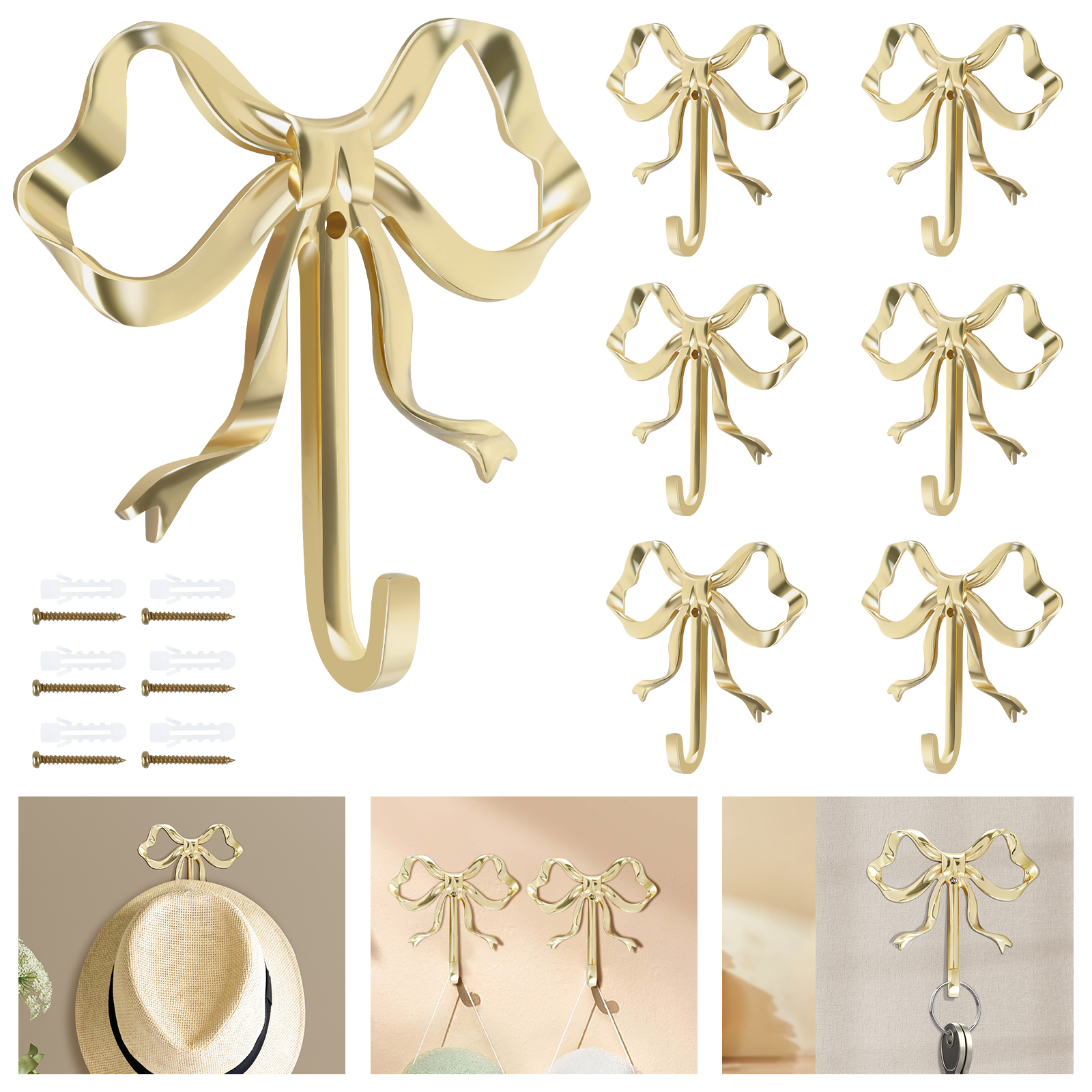 6 Pcs Bow Hooks Brass Bow Knot Hooks Gold Bow Wall Hooks Wall Mounted ...