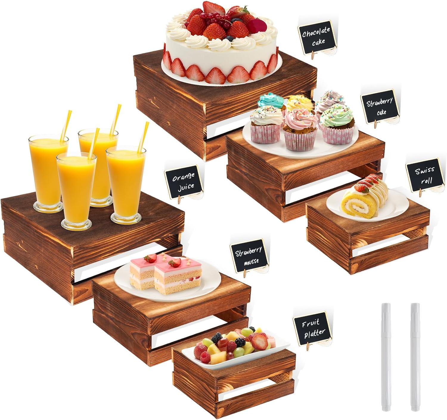 6 Pcs Buffet Risers with Mini Signs, Rustic Wood Cake Stands, Food ...