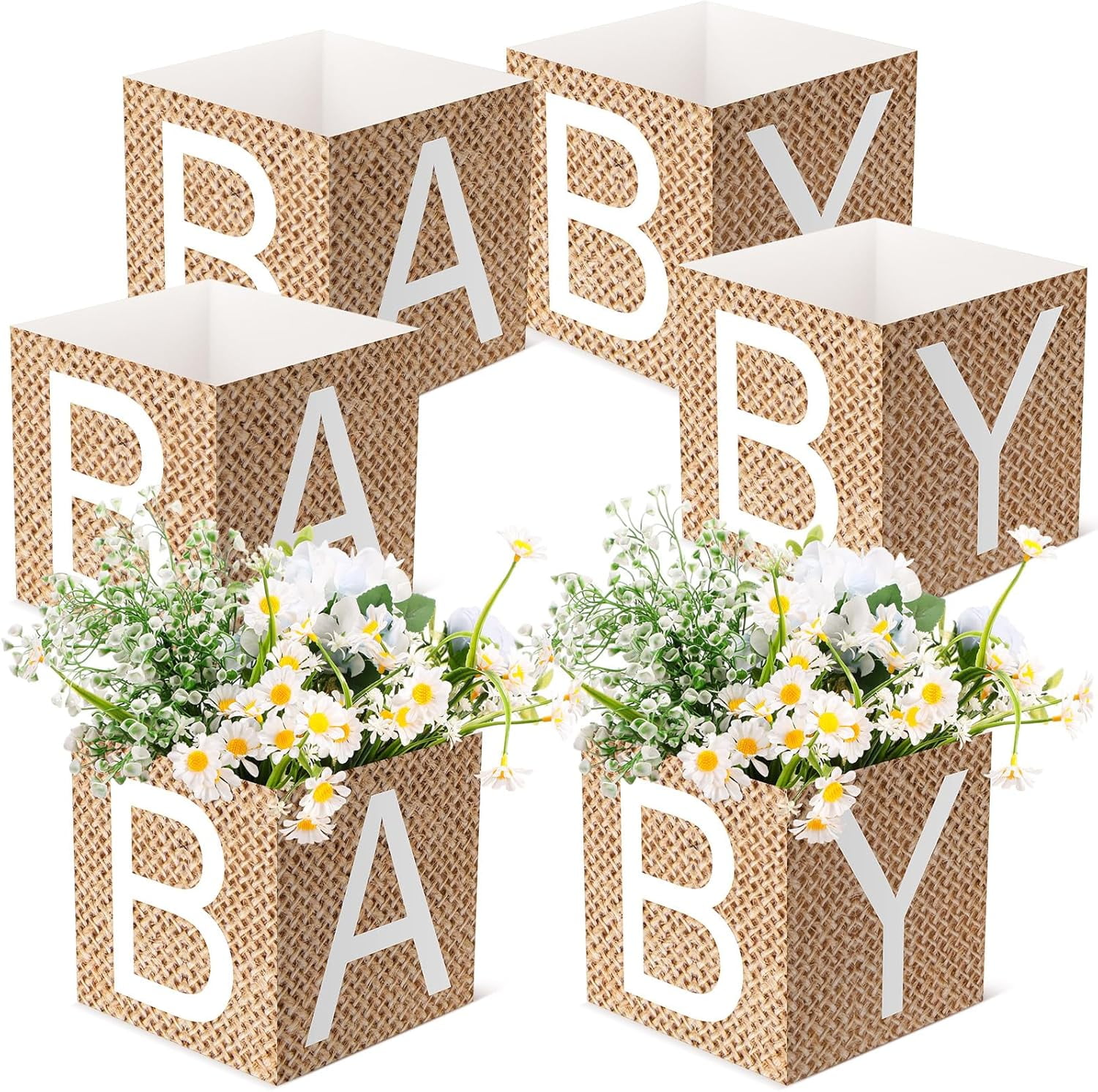 6 Pcs Burlap Print Baby Shower Party Decorations Baby Flower Boxes ...