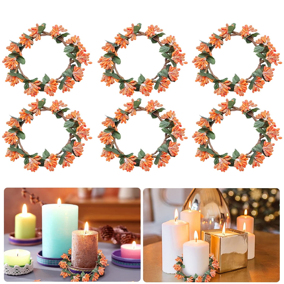 6 Pcs Candle Rings Wreath with Artificial Orange Berries Mini Candle ...
