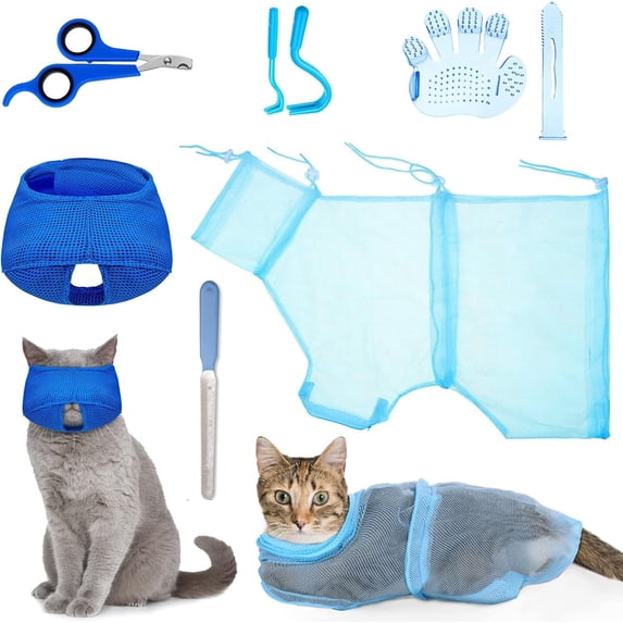 6 Pcs Cat Bathing Grooming Set, Adjustable Mesh Bathing Bag with Nail ...