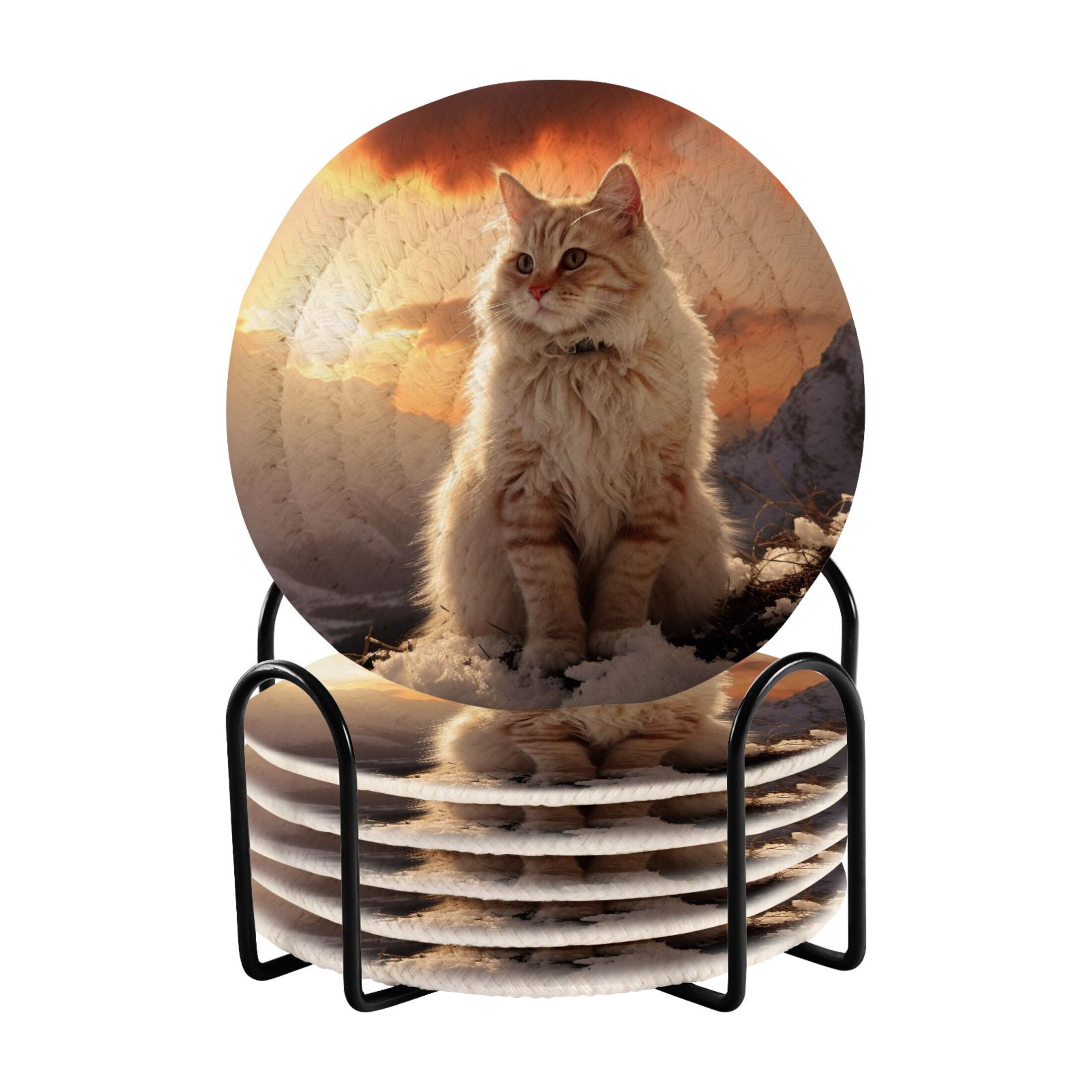 6 Pcs Cat in Winter Drink Coasters with Holder Absorbent Coaster Sets ...