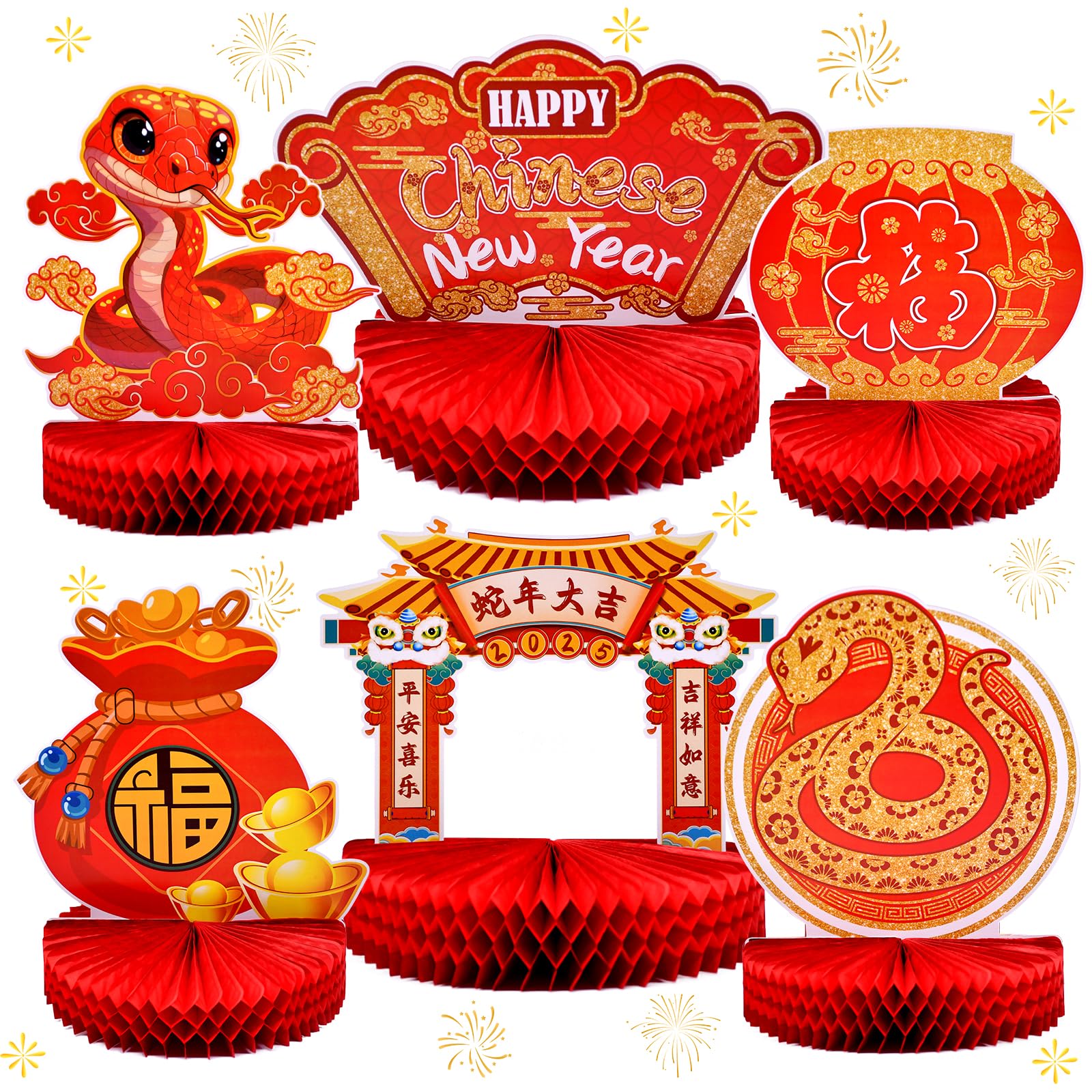 6 Pcs Chinese New Year Honeycomb Centerpieces - Red & Gold Table Topper ...