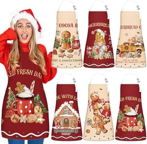 6 Pcs Christmas Aprons - Xmas Kitchen Aprons with Adjustable Neck Strap ...