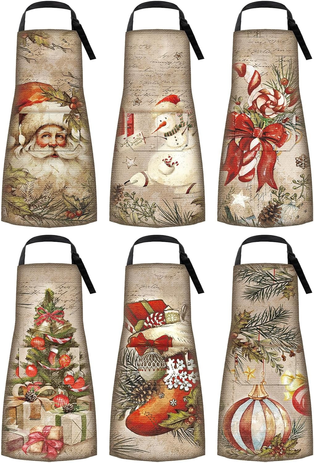 6 Pcs Christmas Aprons for Women Xmas Tree Aprons with Pockets Vintage ...