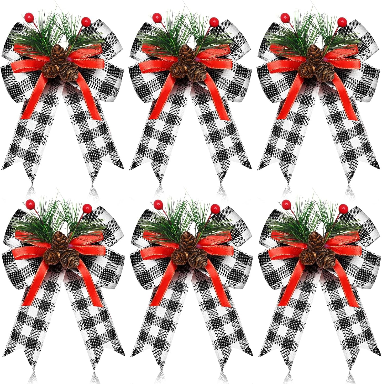 6 Pcs Christmas Bows with Pine Cones Pine Needles Xmas Bows Red Ribbon Christmas Tree Wreath ...