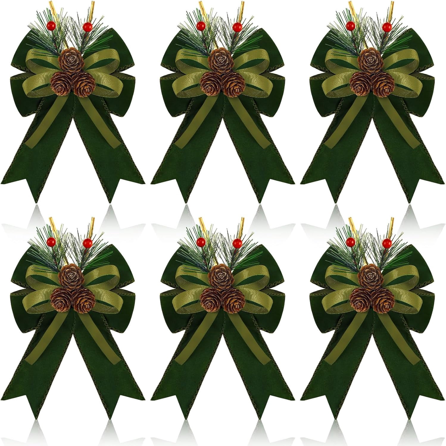 6 Pcs Christmas Bows with Pine Cones Pine Needles Xmas Velvet Bows Red ...