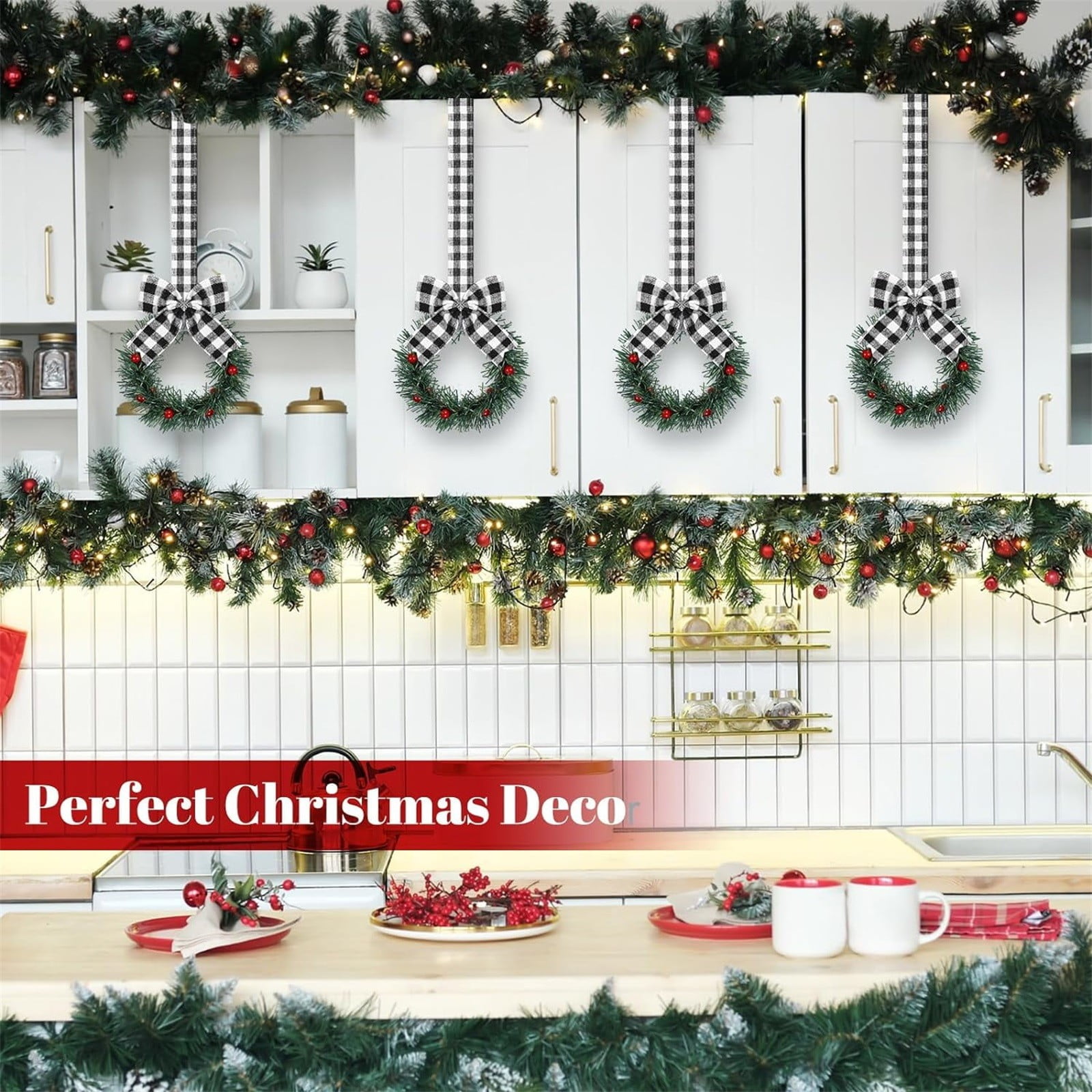 6 Pcs Christmas Kitchen Cabinet Wreaths with Ribbon | Mini Greenery ...