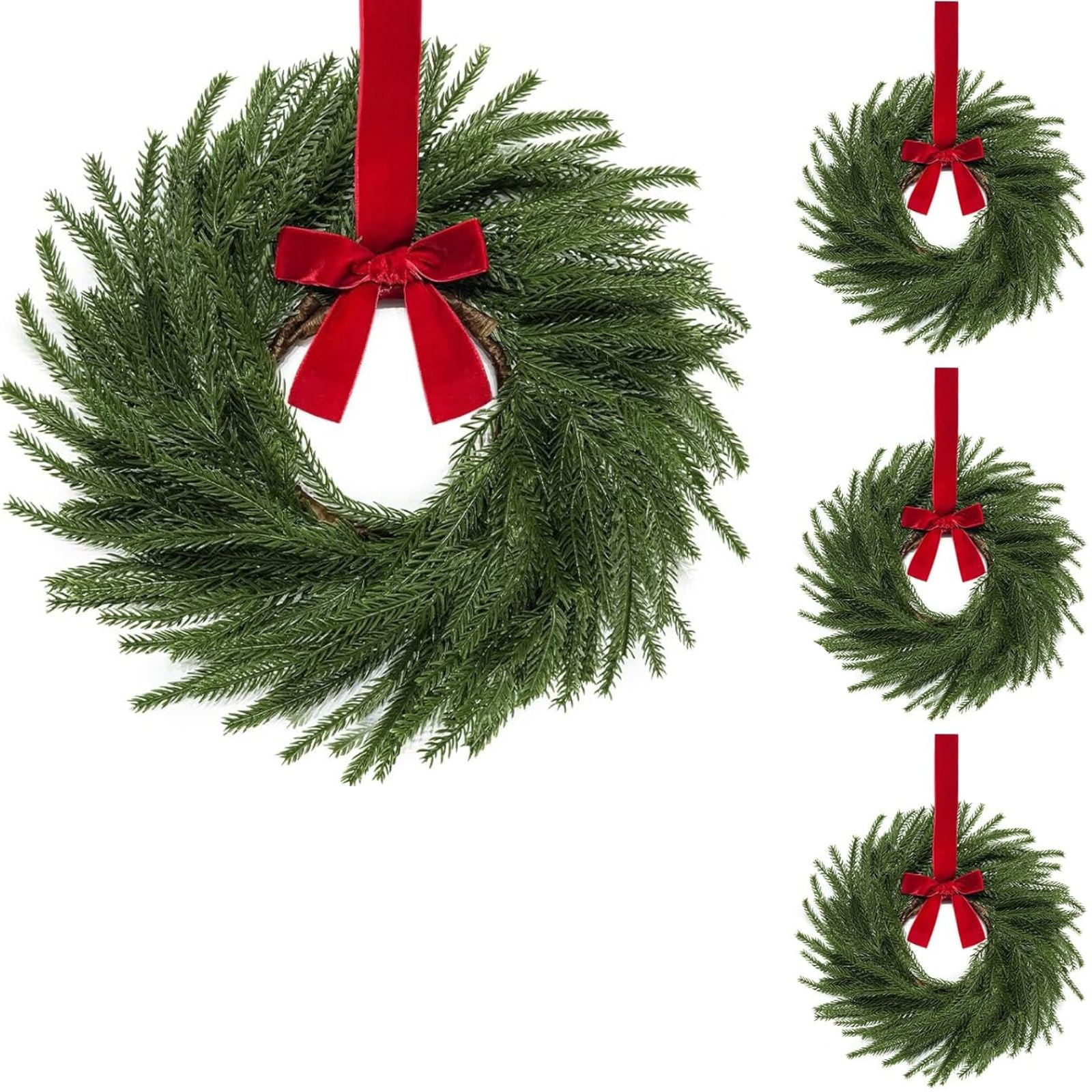 6 Pcs Christmas Mini Cabinet Wreaths Norfolk Pine Wreath with Ribbon ...