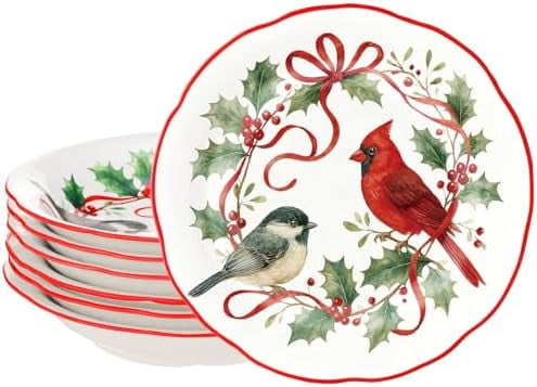 6 Pcs Christmas Salad Plates Set 8" Red Cardinal Birds Christmas ...
