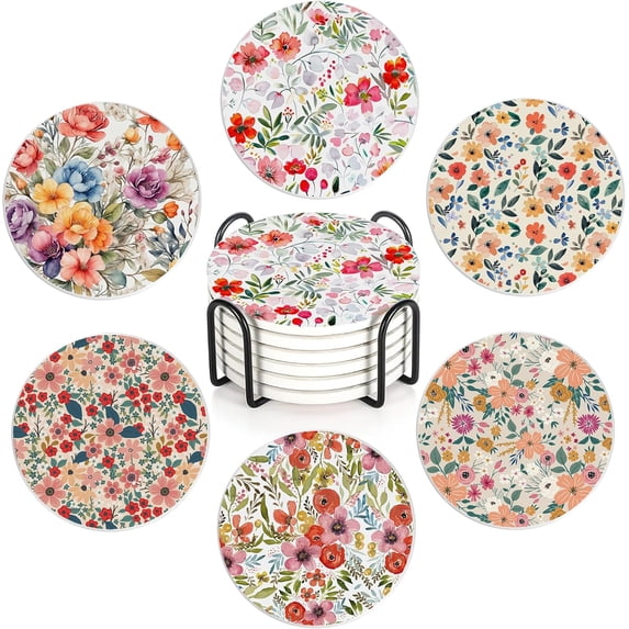 6 Pcs Coasters for Drinks with Holder, Vintage Watercolor Flowers ...