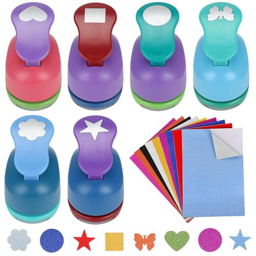 6 Pcs Colorful Craft Hole Punch with 10 Glitter Cardstock Papers ...