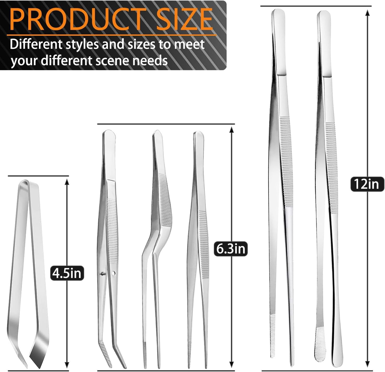 6 Pcs Cooking Tweezer Tongs, 12'' and 6.3" Stainless Steel Kitchen ...