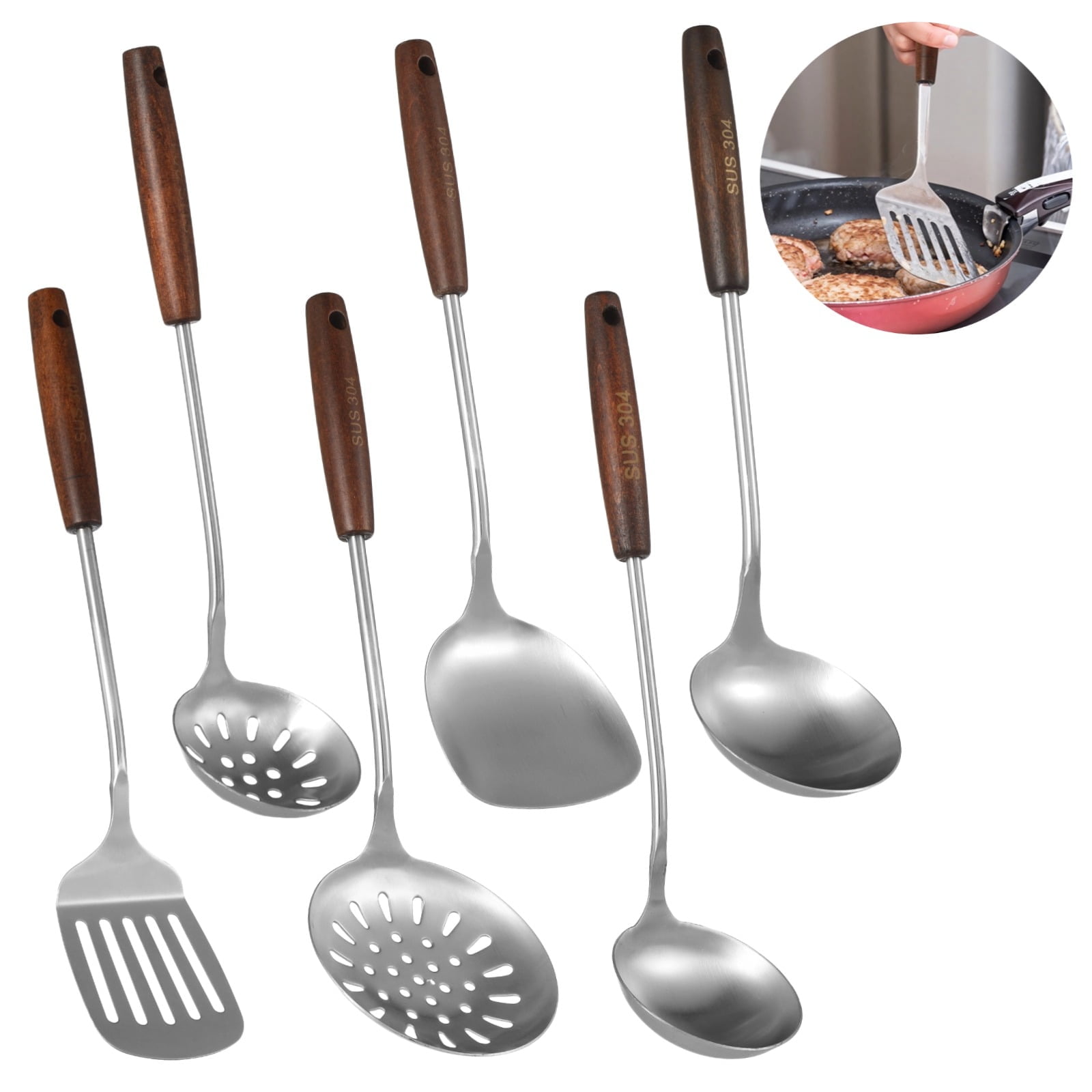 6 Pcs Cooking Utensils Set, Stainless Steel Kitchen Utensils, Wok ...