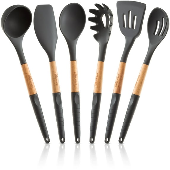 6 Pcs Cookward Silicone Cooking Utensils Set-Natural Wood Kitchen ...