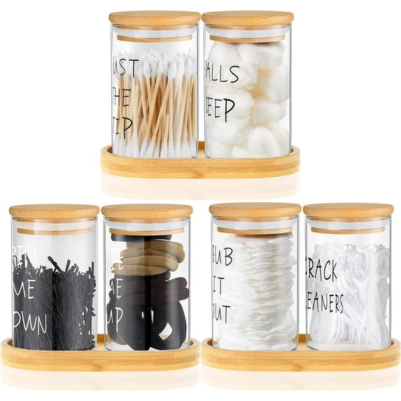 6 Pcs Cotton Ball Holder Apothecary Jars with Lids Glass 3 Pcs Bamboo ...