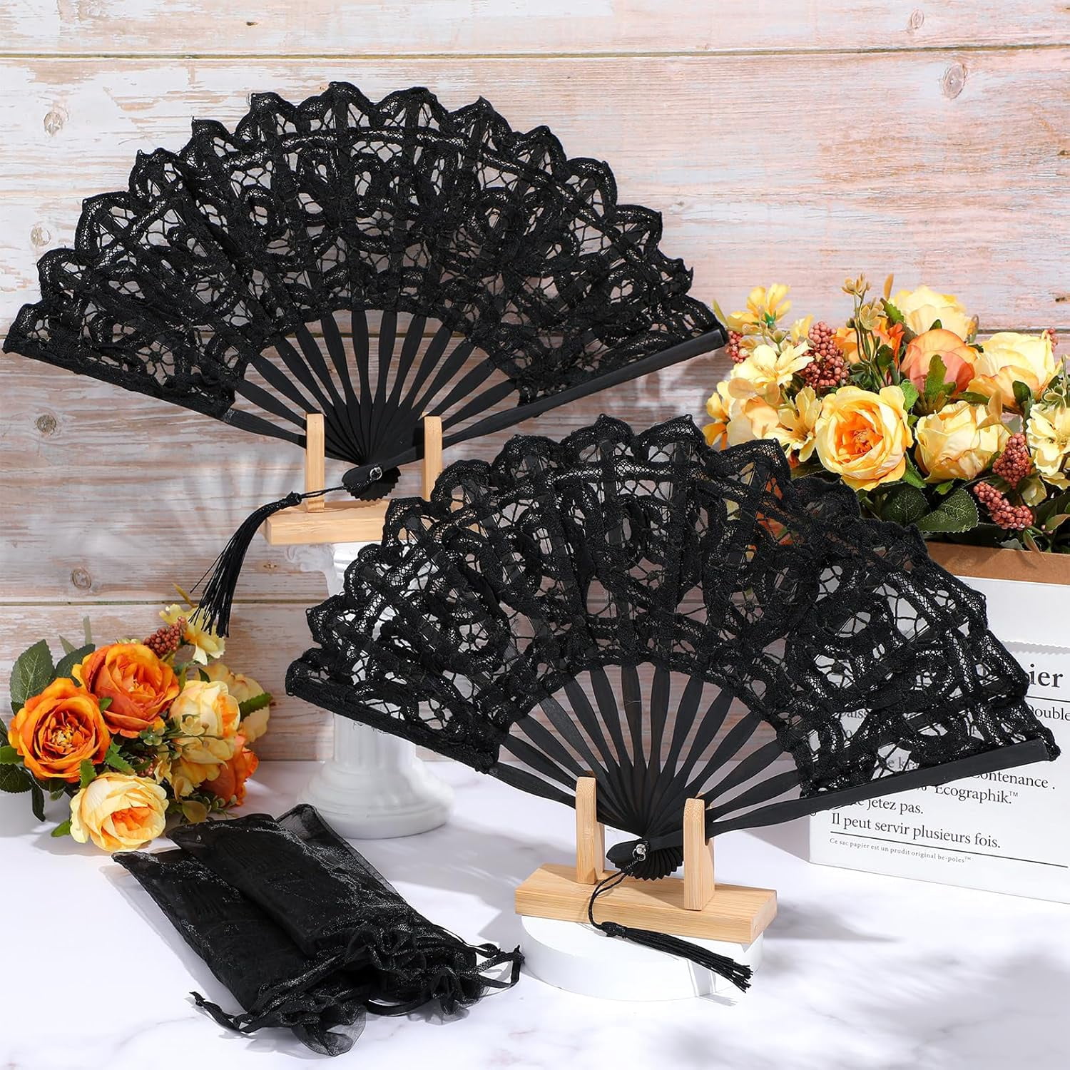 6 Pcs Cotton Lace Folding Handheld Fan Embroidered Bridal Hand Fan with ...