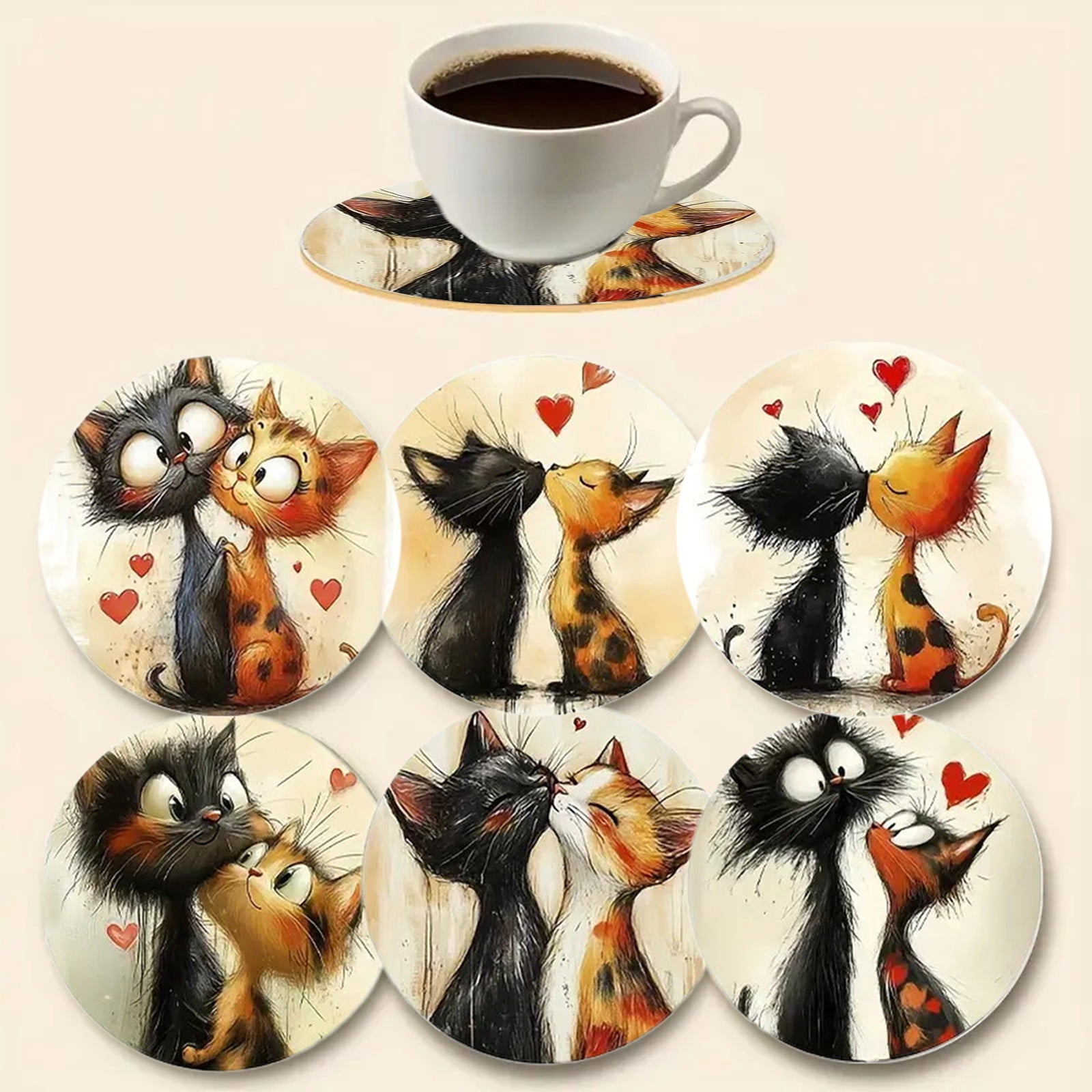 6 Pcs Cute Cat Coasters, Non-Slip Drink Pads for Bar Kitchen Dining ...