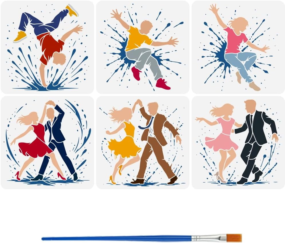 6 Pcs Dancing Characters Painting Stencil with Brush 11.8x11.8inch 6 ...