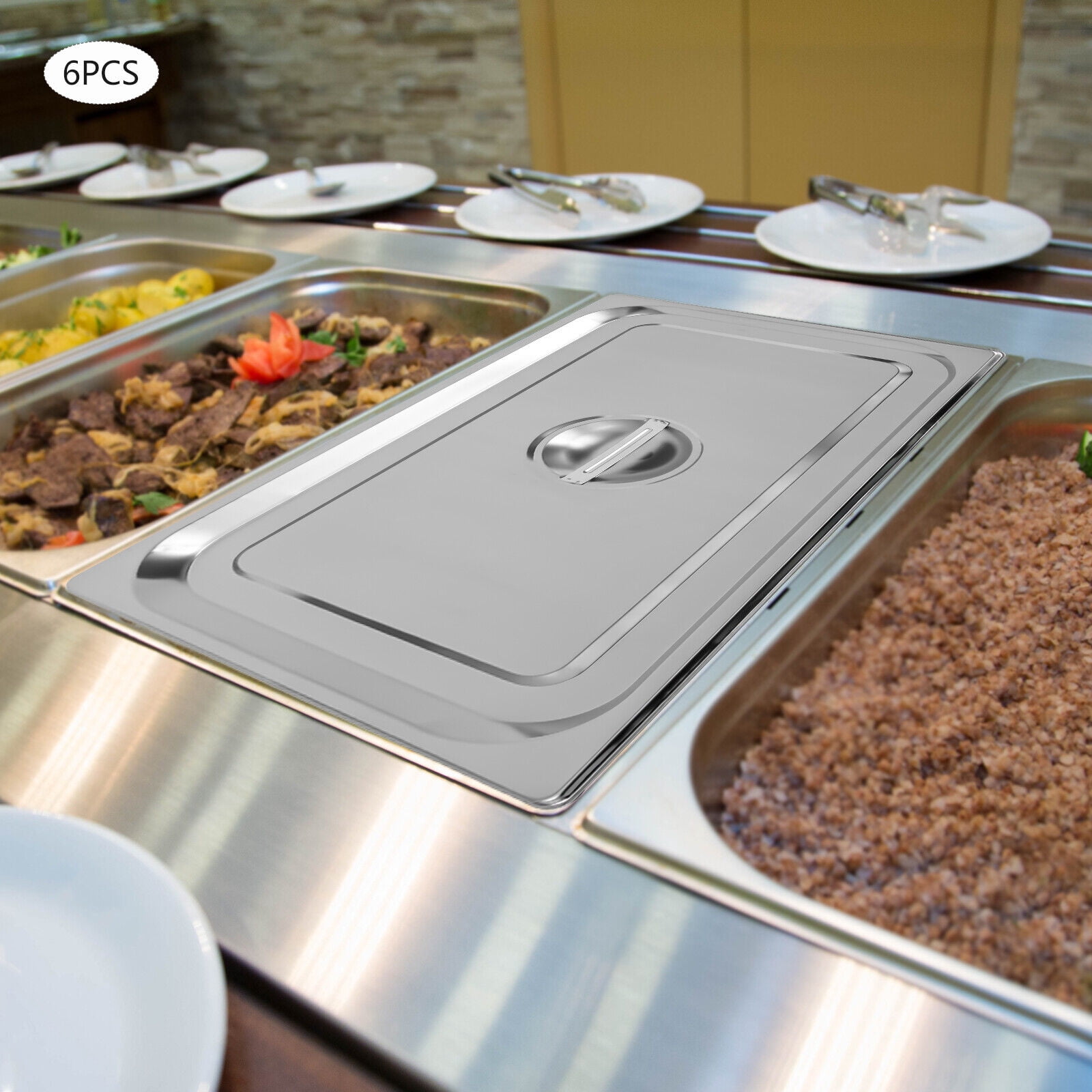 6 Pcs Deep 1/1 Size Steam Table with Lids Hotel Food Stainless Steel ...